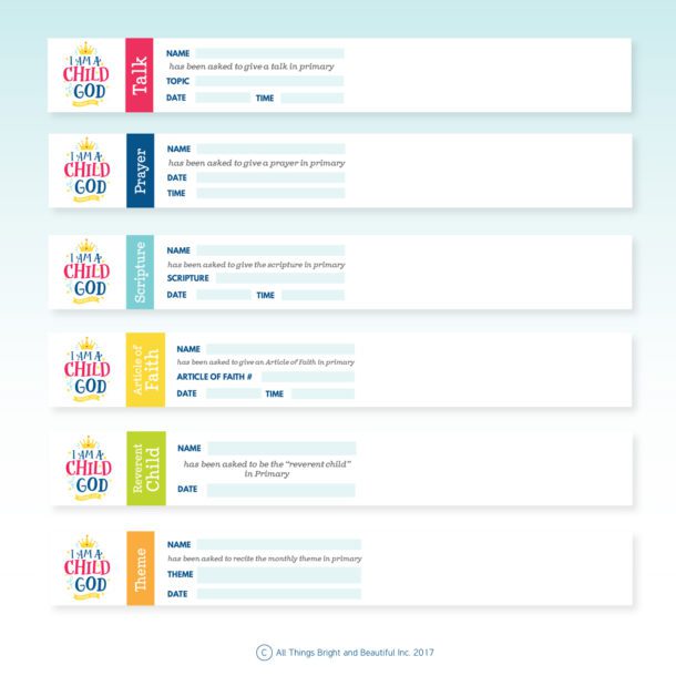 2018 LDS Primary Theme Wristbands and Assignment Cards: I am a Child of ...