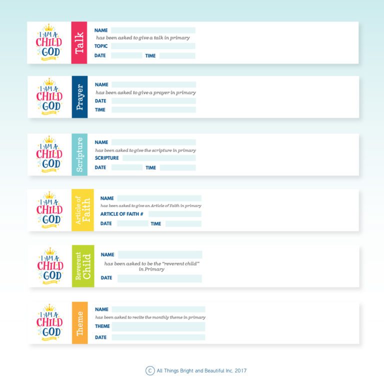 2018 LDS Primary Theme Wristbands and Assignment Cards: I am a Child of ...
