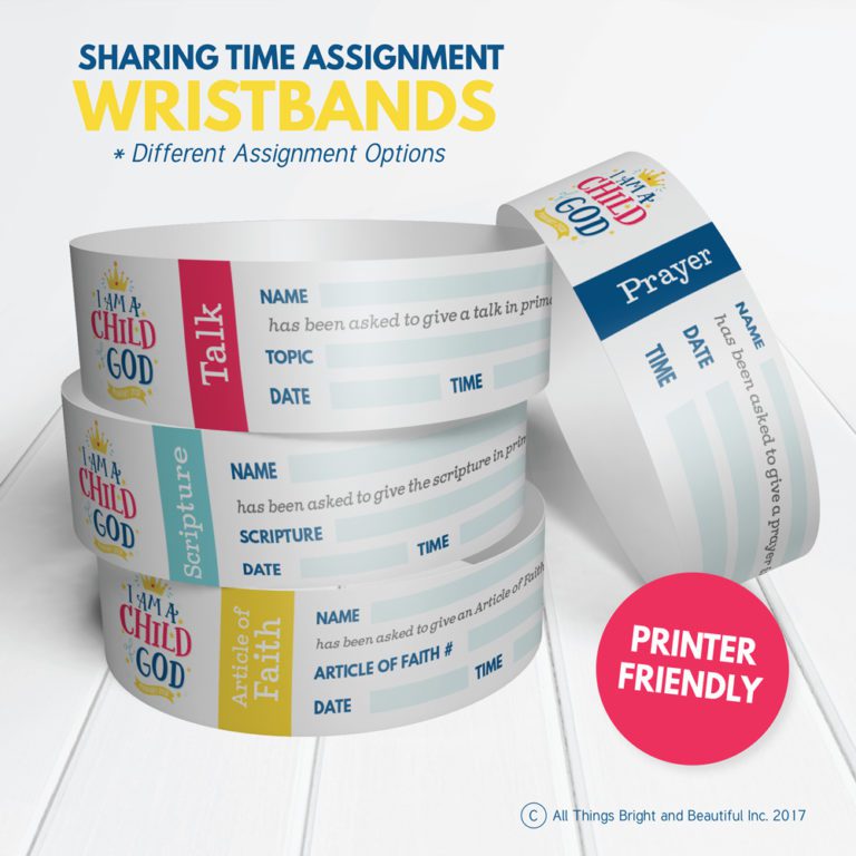 2018 LDS Primary Theme Wristbands and Assignment Cards: I am a Child of ...